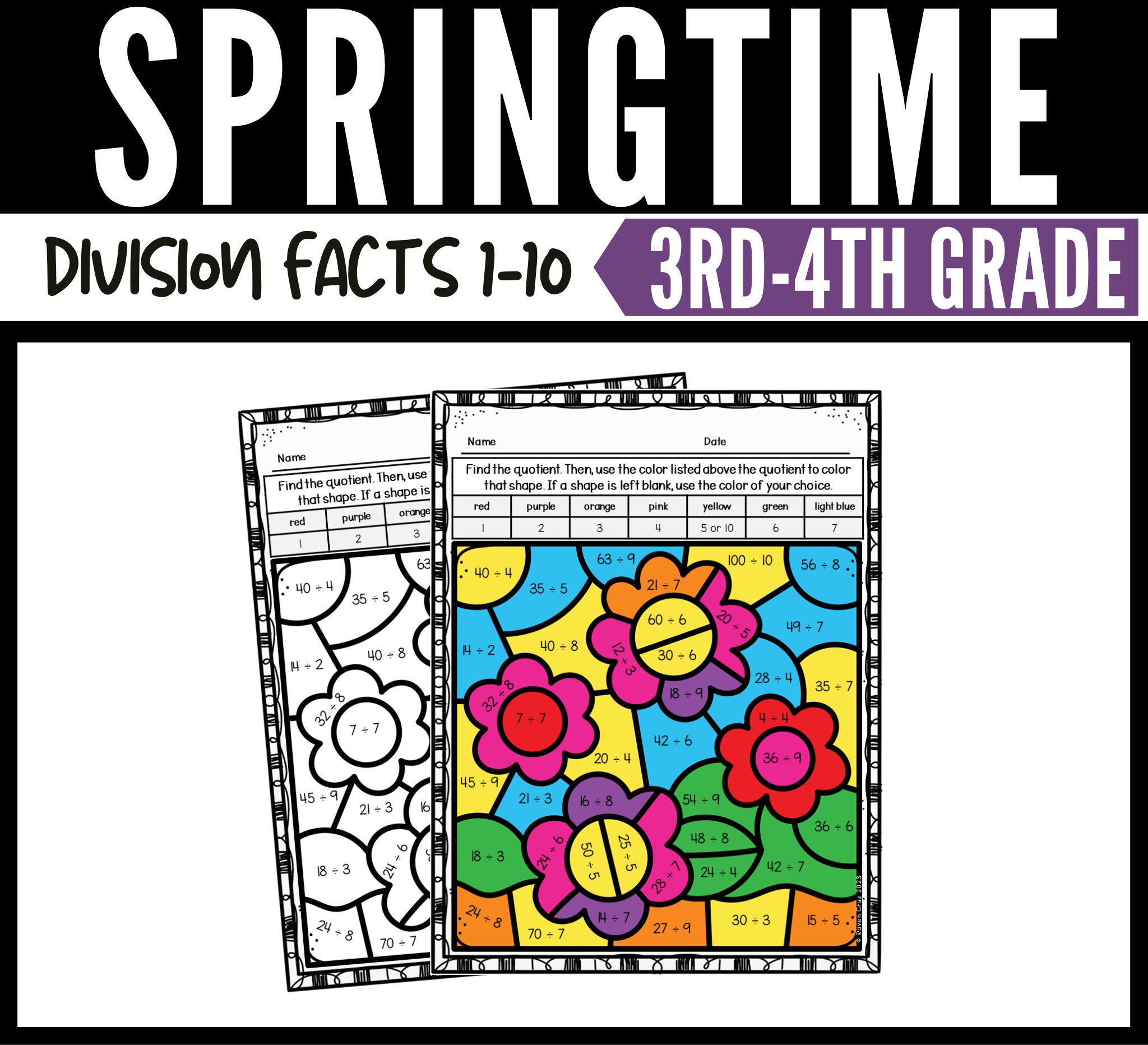 Spring Division Color by Number Worksheets - Etsy