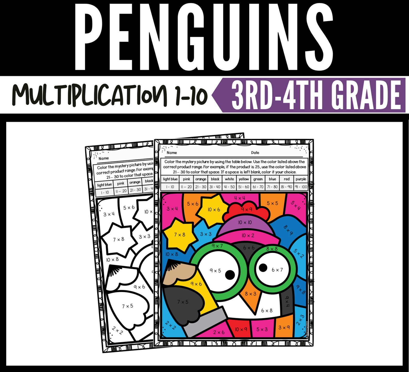 Penguin Multiplication Color by Number Worksheets for 3rd Grade and 4th ...