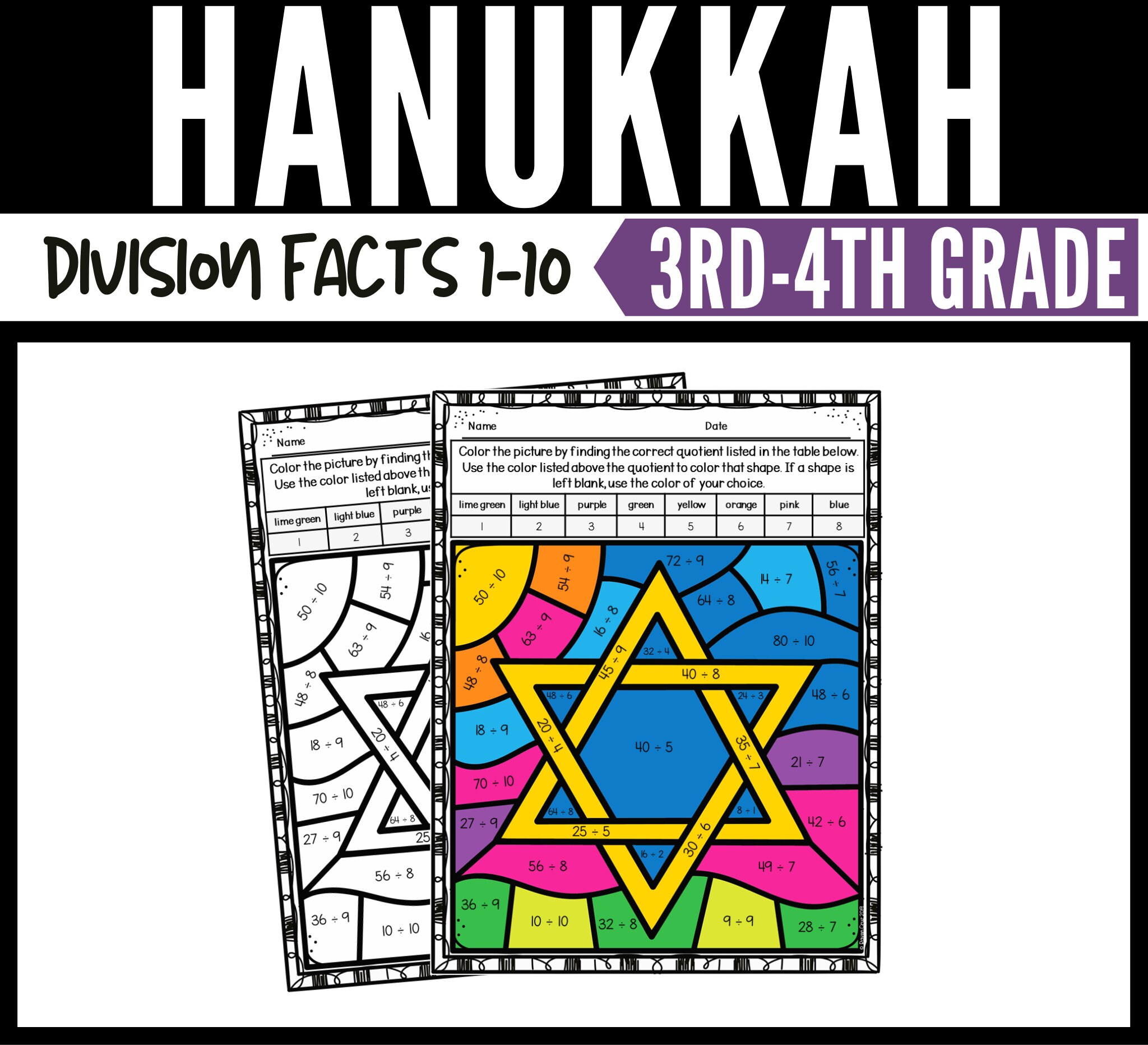 Hanukkah Color by Number Division Worksheets for 3rd Grade and 4th ...