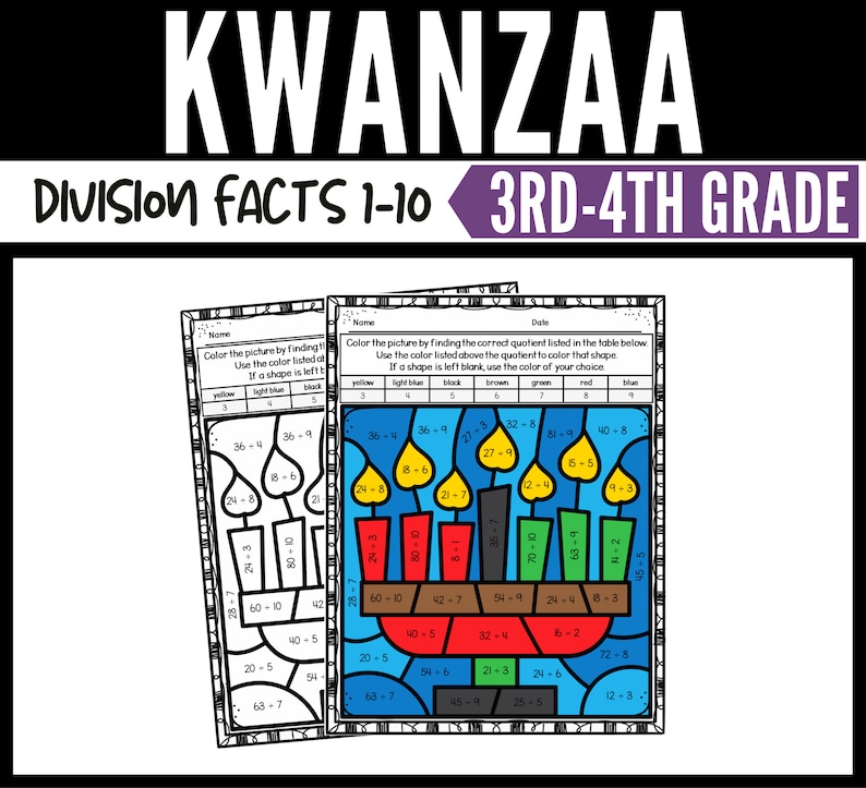 Kwanzaa Color by Number Divisionworksheets 3rd Grade and 4th Grade Math ...