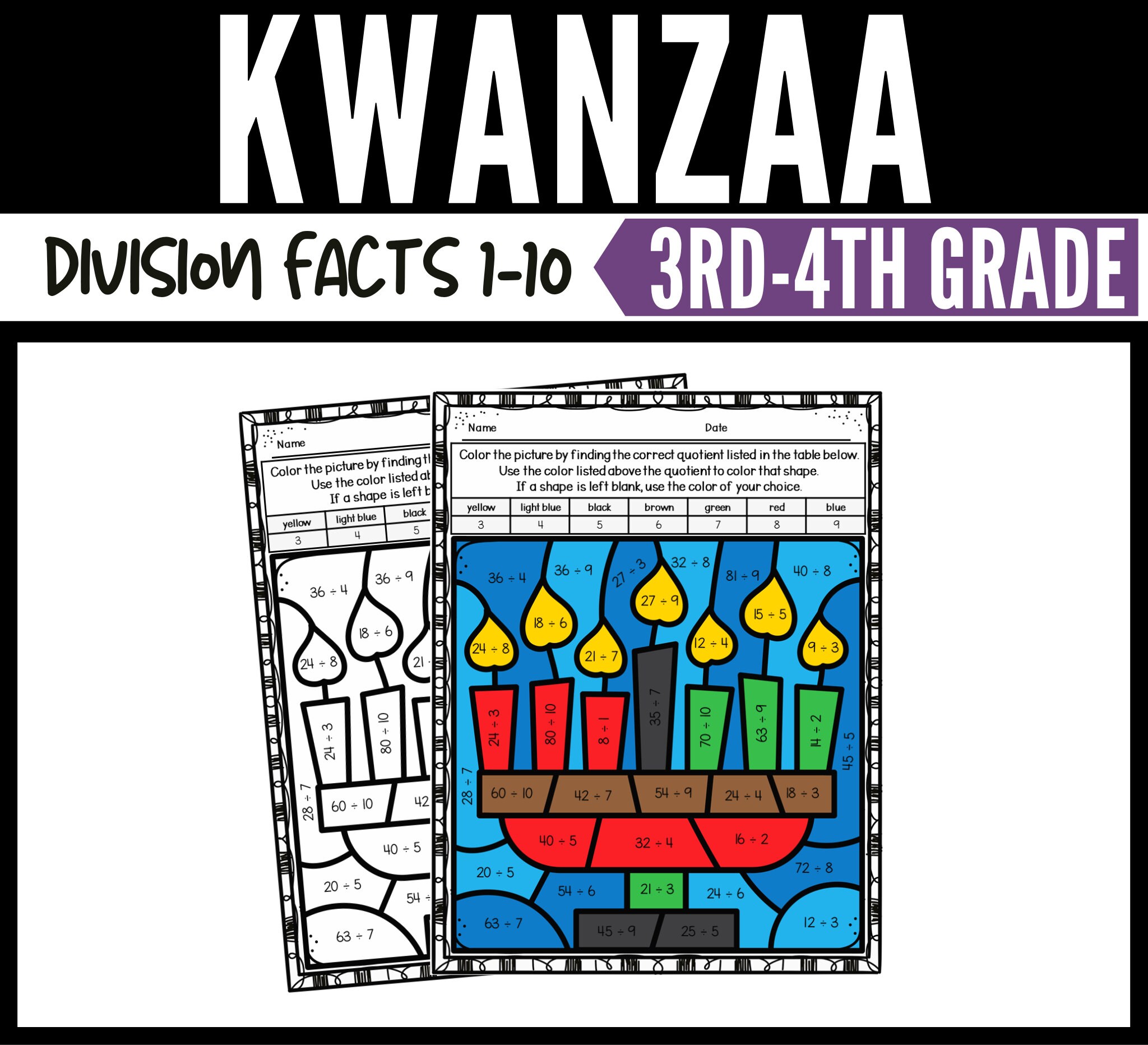 Kwanzaa Color by Number Divisionworksheets 3rd Grade and 4th Grade Math ...