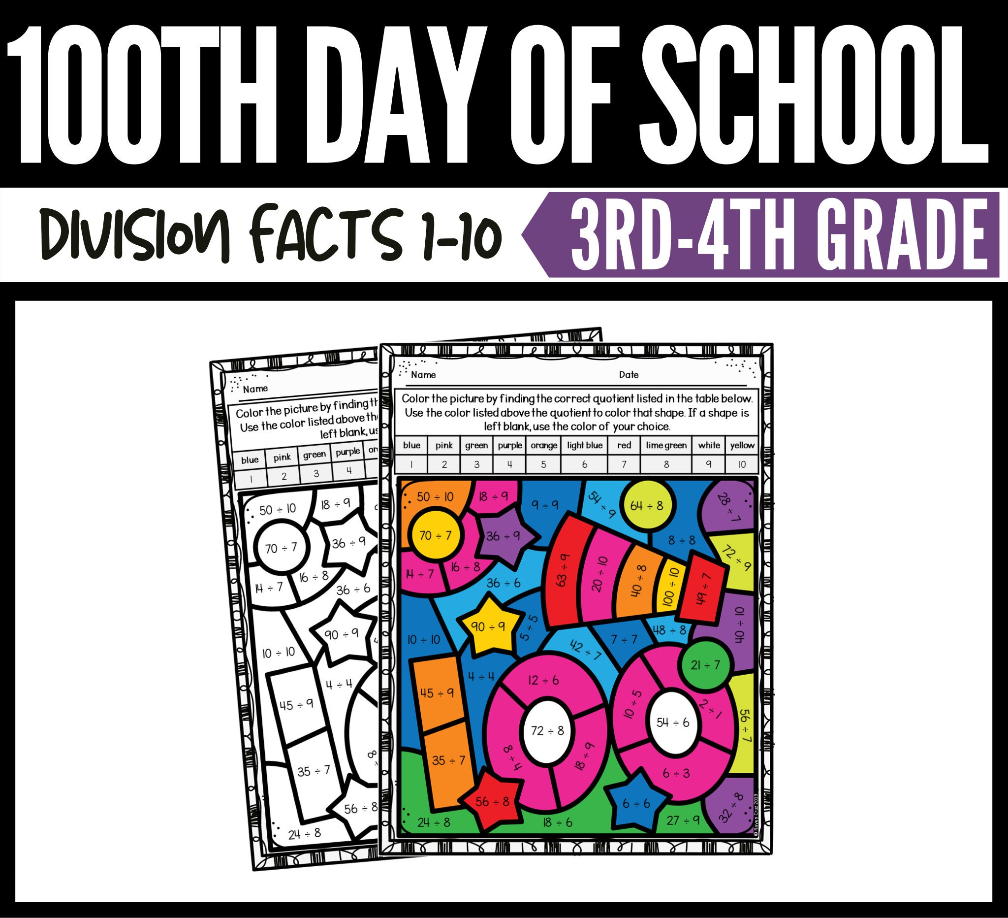 100 Days of School Division Color by Number Worksheets for 3rd Grade ...