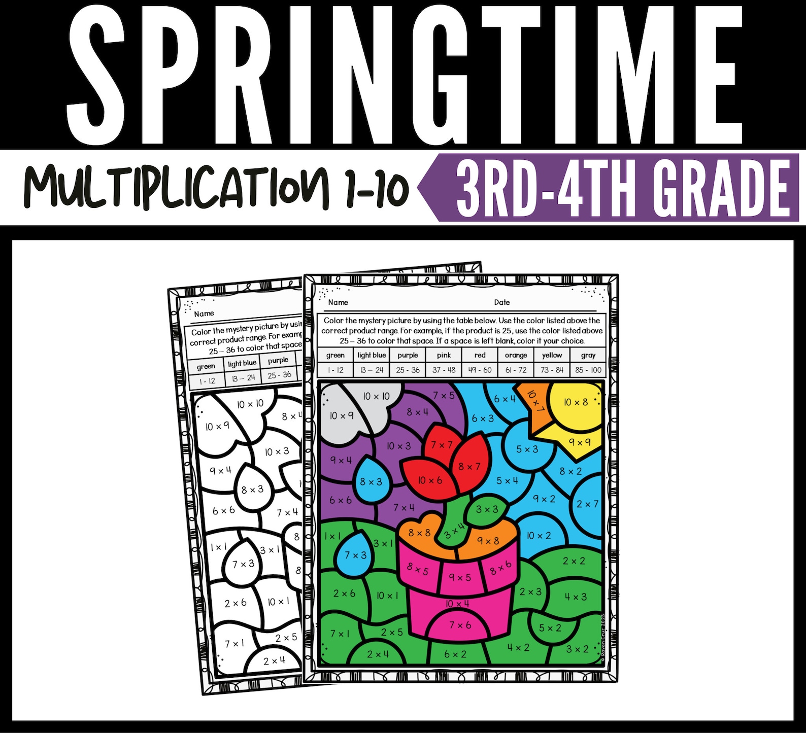 Spring Multiplication Color by Number Worksheets - Etsy