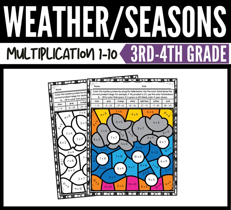 Weather and Season Multiplication Color by Number Worksheets | 3rd ...
