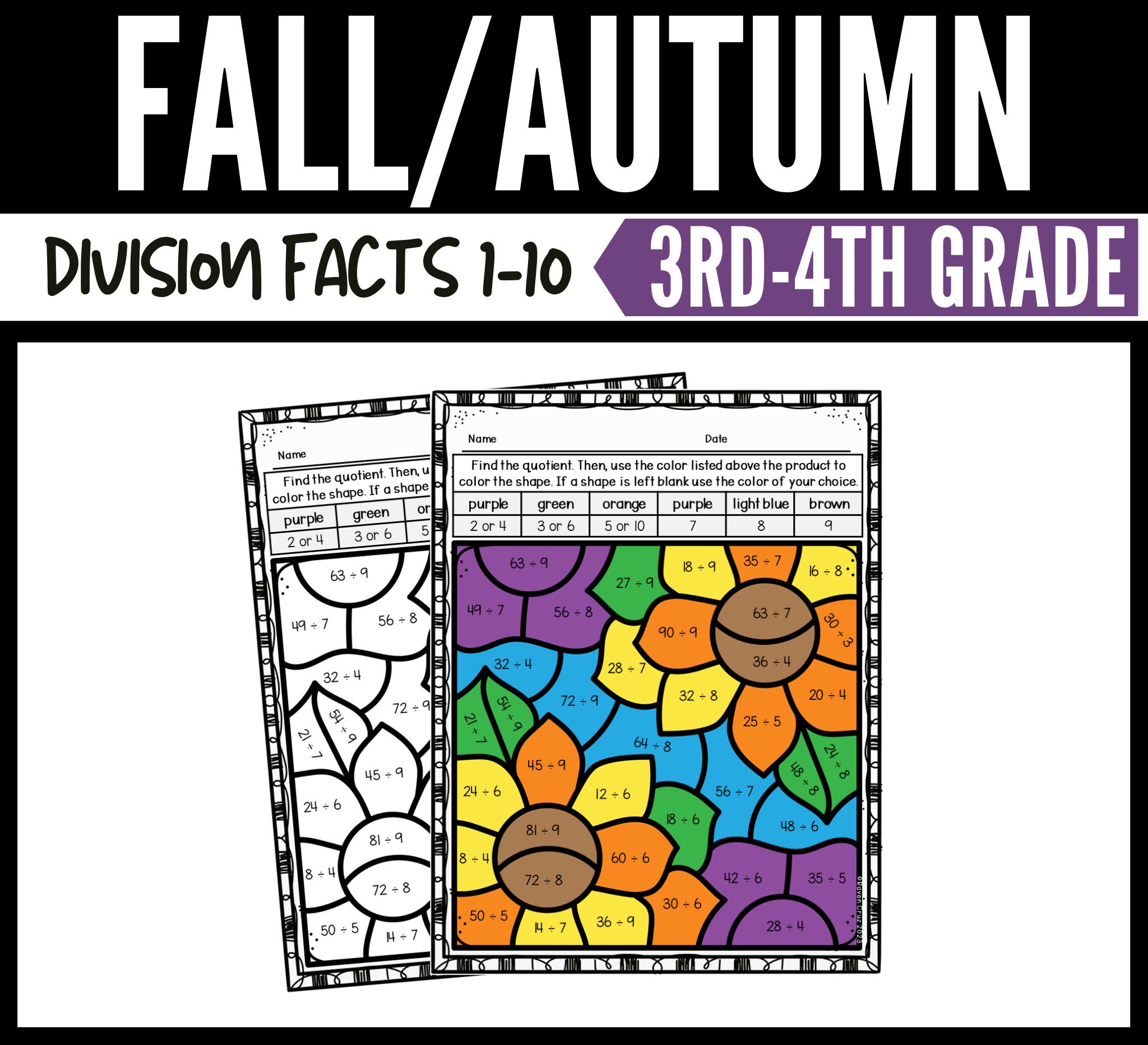 Fall Division Color by Number Worksheets for 3rd Grade and 4th Grade ...