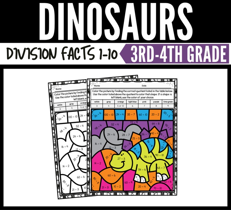 Dinosaur Division Color by Number Worksheets 3rd Grade Multiplication ...