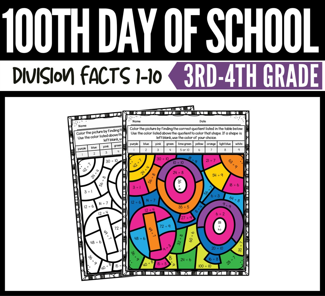 100 Days of School Division Color by Number Worksheets for 3rd Grade ...