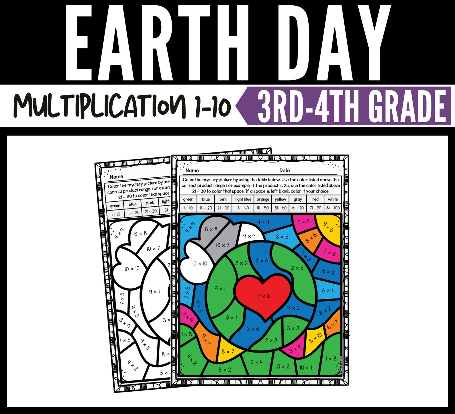 Earth Day Multiplication Color by Number Worksheets for 3rd Grade and ...