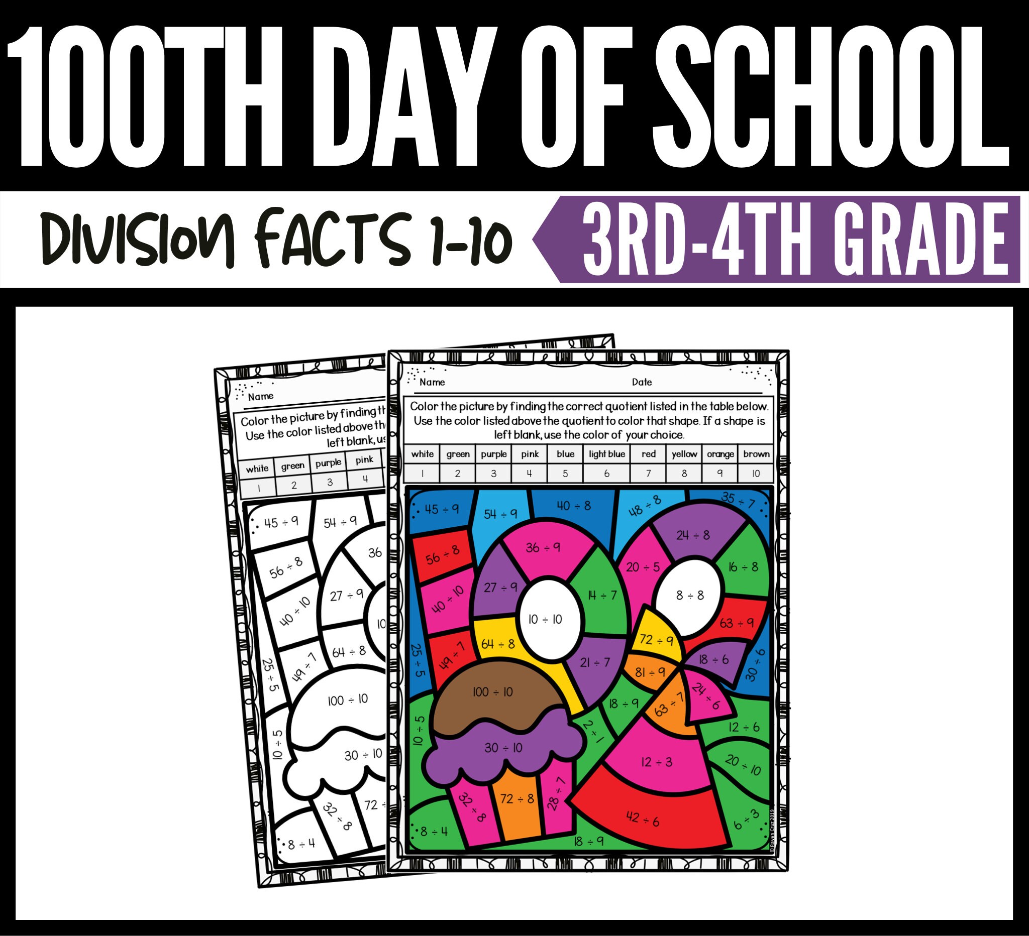 100 Days of School Division Color by Number Worksheets for 3rd Grade ...