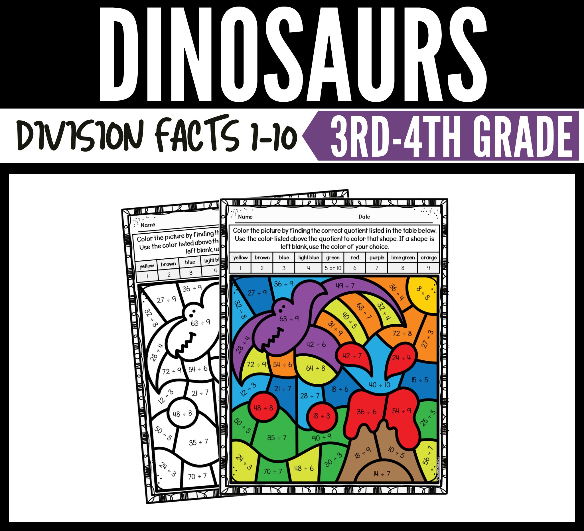 Dinosaur Division Color by Number Worksheets | 3rd Grade Multiplication ...