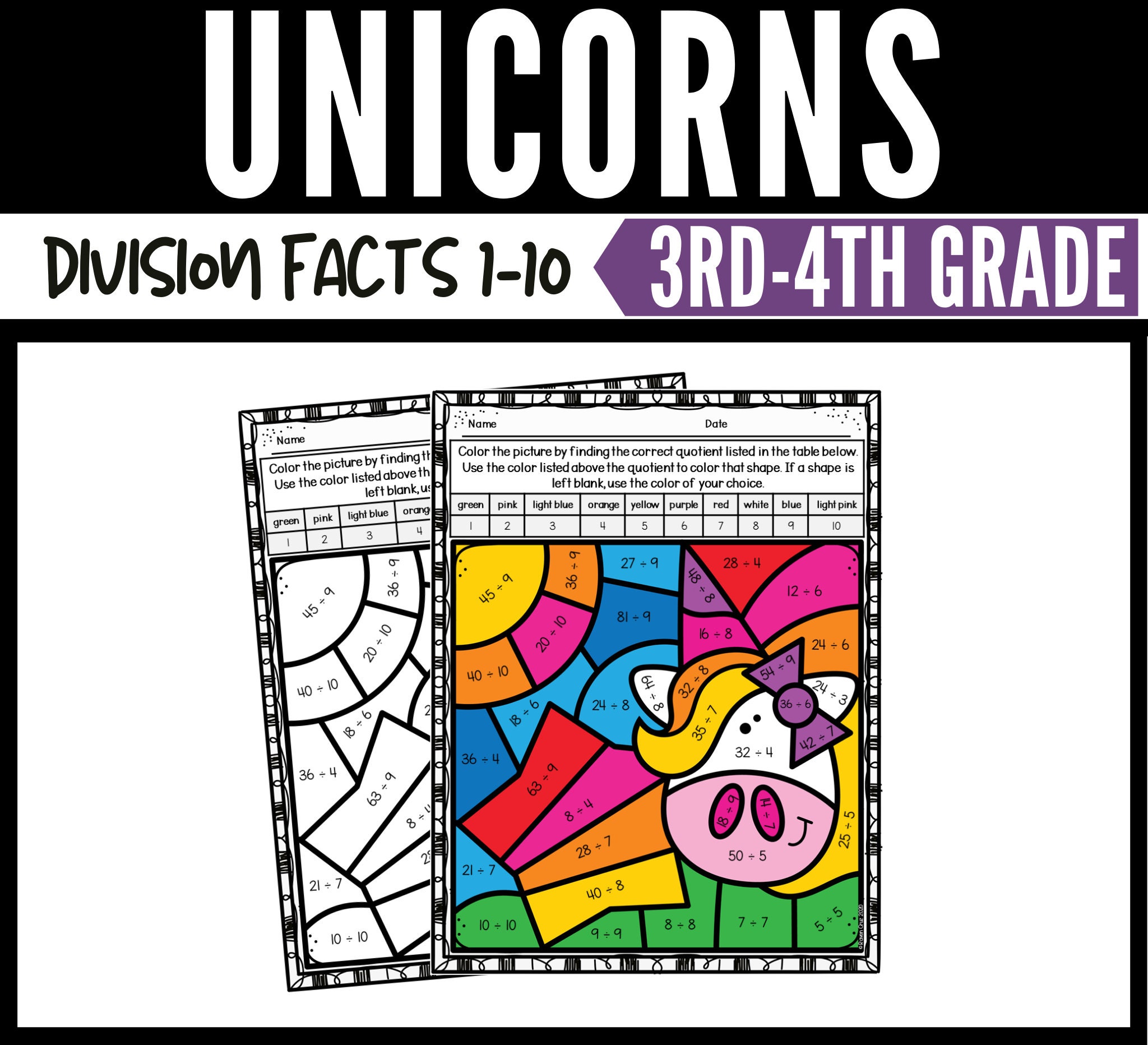 Unicorns Division Color by Number Worksheets 3rd Grade Division Math ...