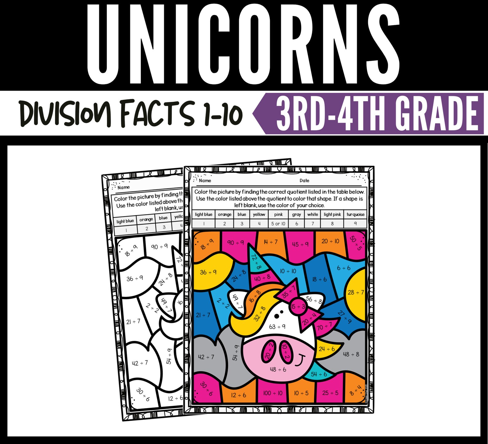Unicorns Division Color by Number Worksheets 3rd Grade Division Math ...
