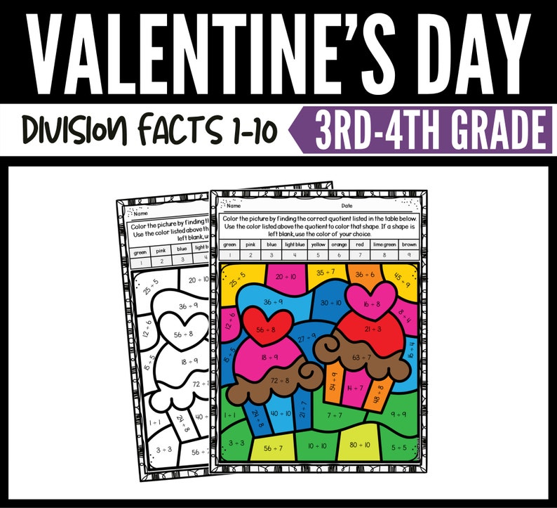 Valentine's Day Color by Number Division Worksheets for 3rd Grade and ...