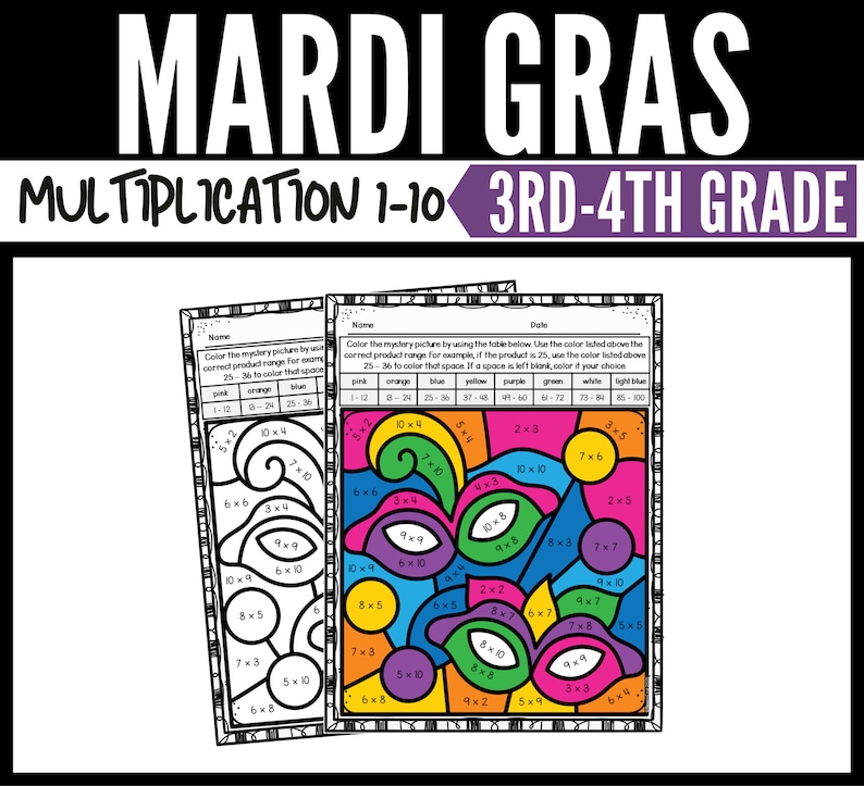 Mardi Gras Color by Number Multiplication Worksheets for 3rd-grade and ...