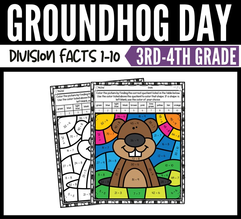 Groundhog Day Division Color by Number Worksheets for 3rd Grade Math ...