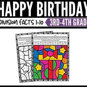 Happy Birthday Division Color by Number Worksheets for 3rd Grade and ...