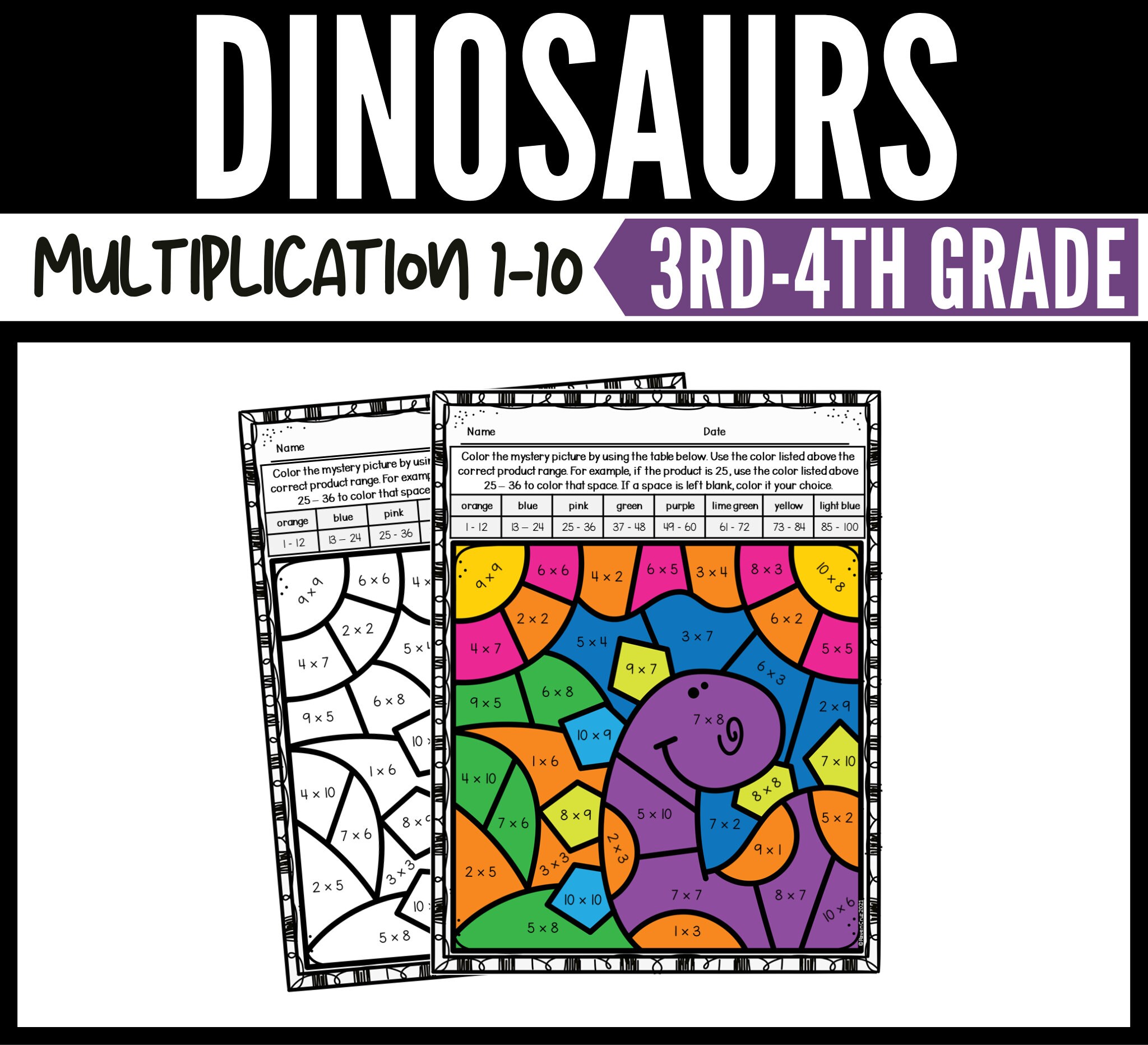 Dinosaur Multiplication Color by Number Worksheets Fun 3rd Grade ...