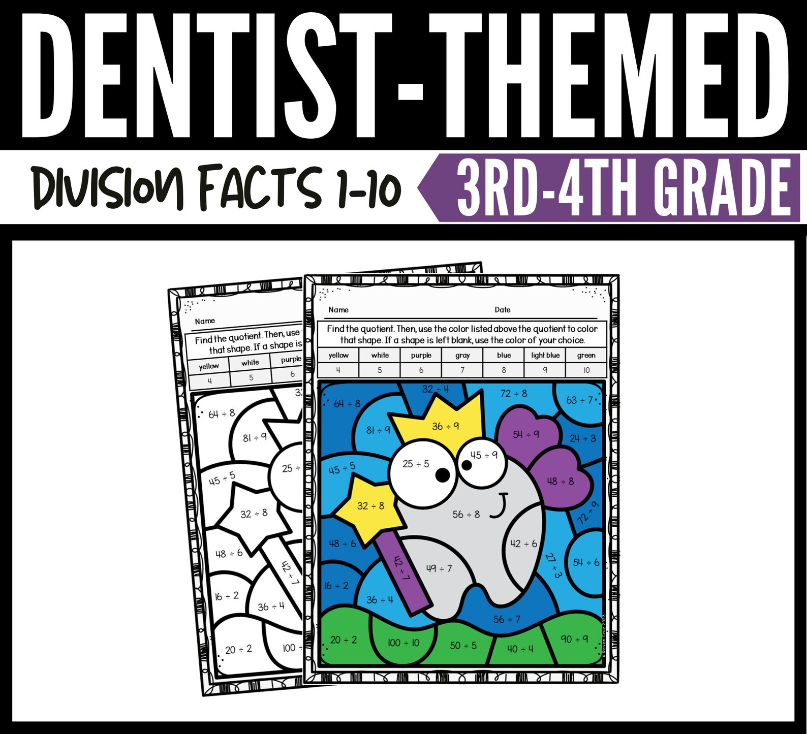 Dentist and Tooth Fairy Themed Division Color by Number Worksheets for ...