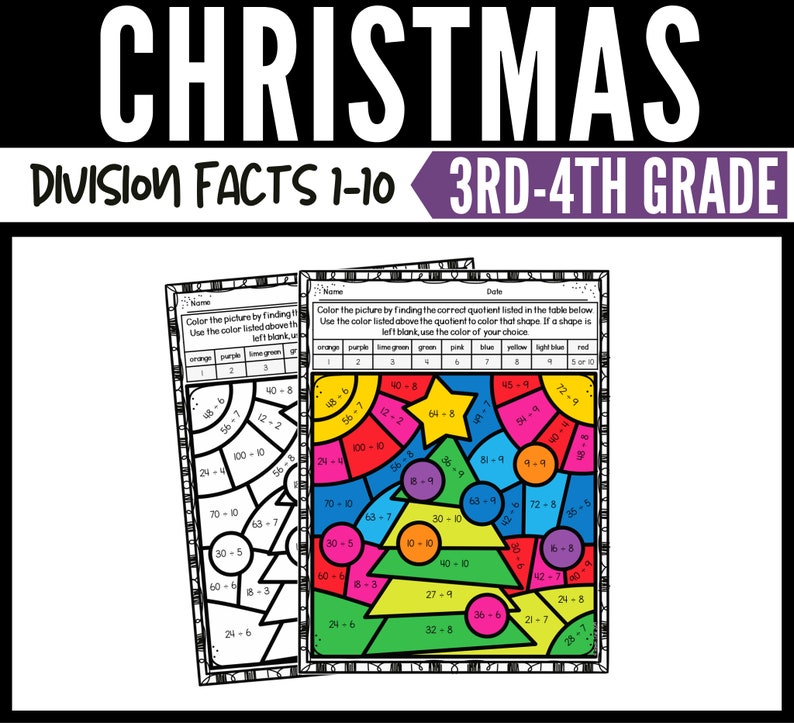 Christmas Color by Number Division Printable Worksheet, 3rd-grade 4th ...