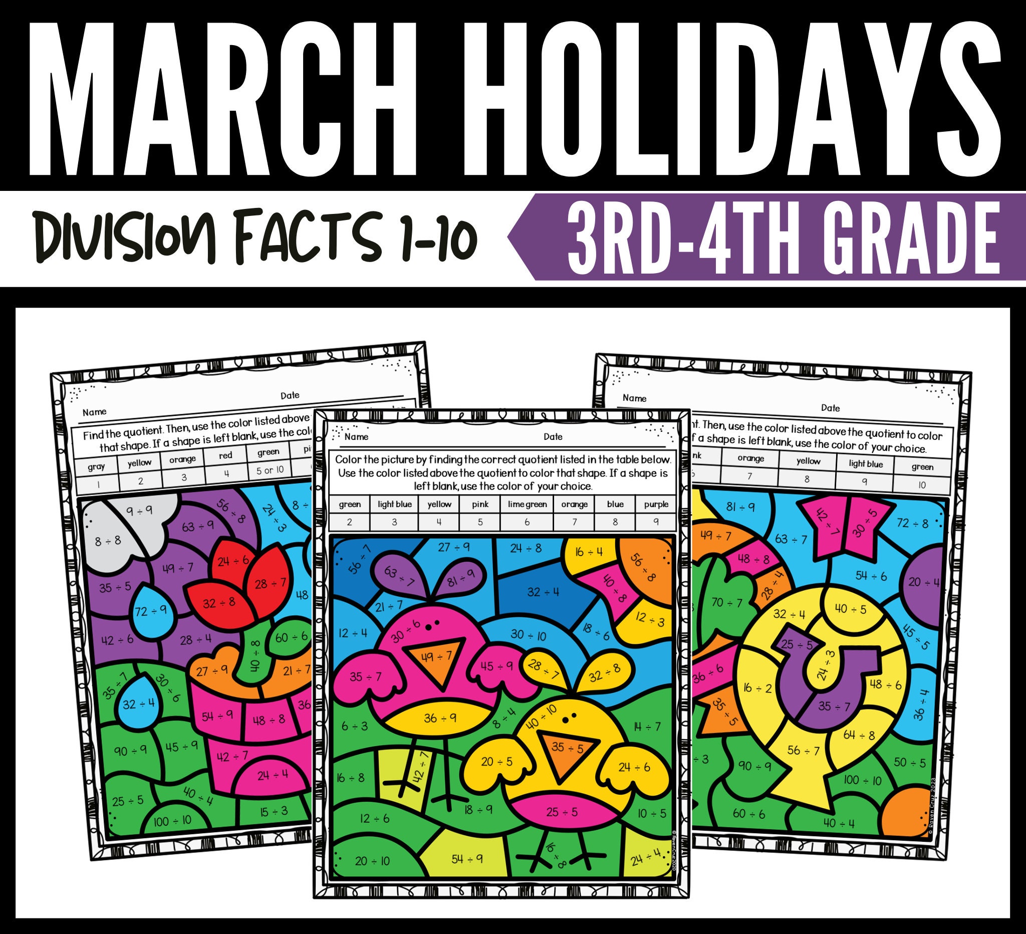 March Holiday Color by Number Division Worksheets St. Patrick's Day ...
