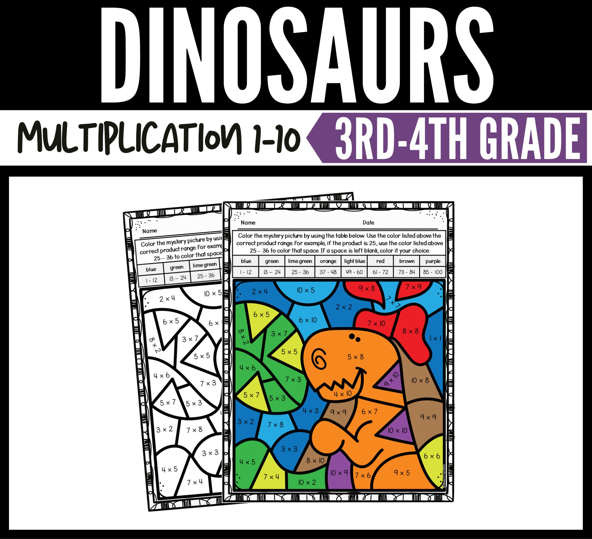 Dinosaur Multiplication Color by Number Worksheets Fun 3rd Grade ...