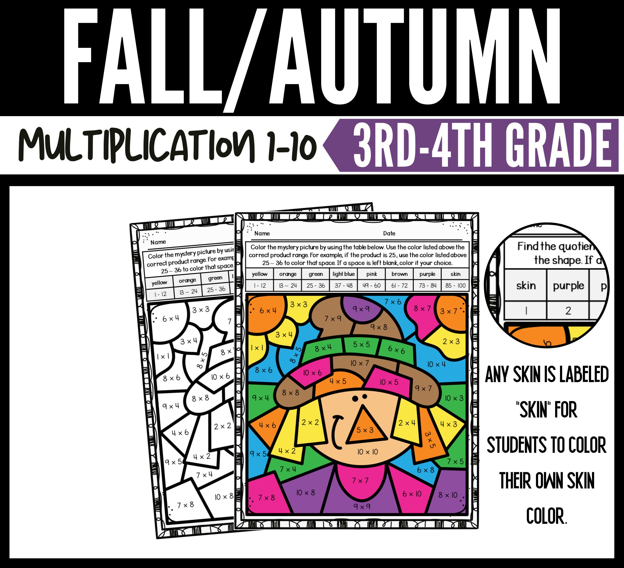 Fall Multiplication Color by Number Worksheets for Autumn 3rd Grade and ...
