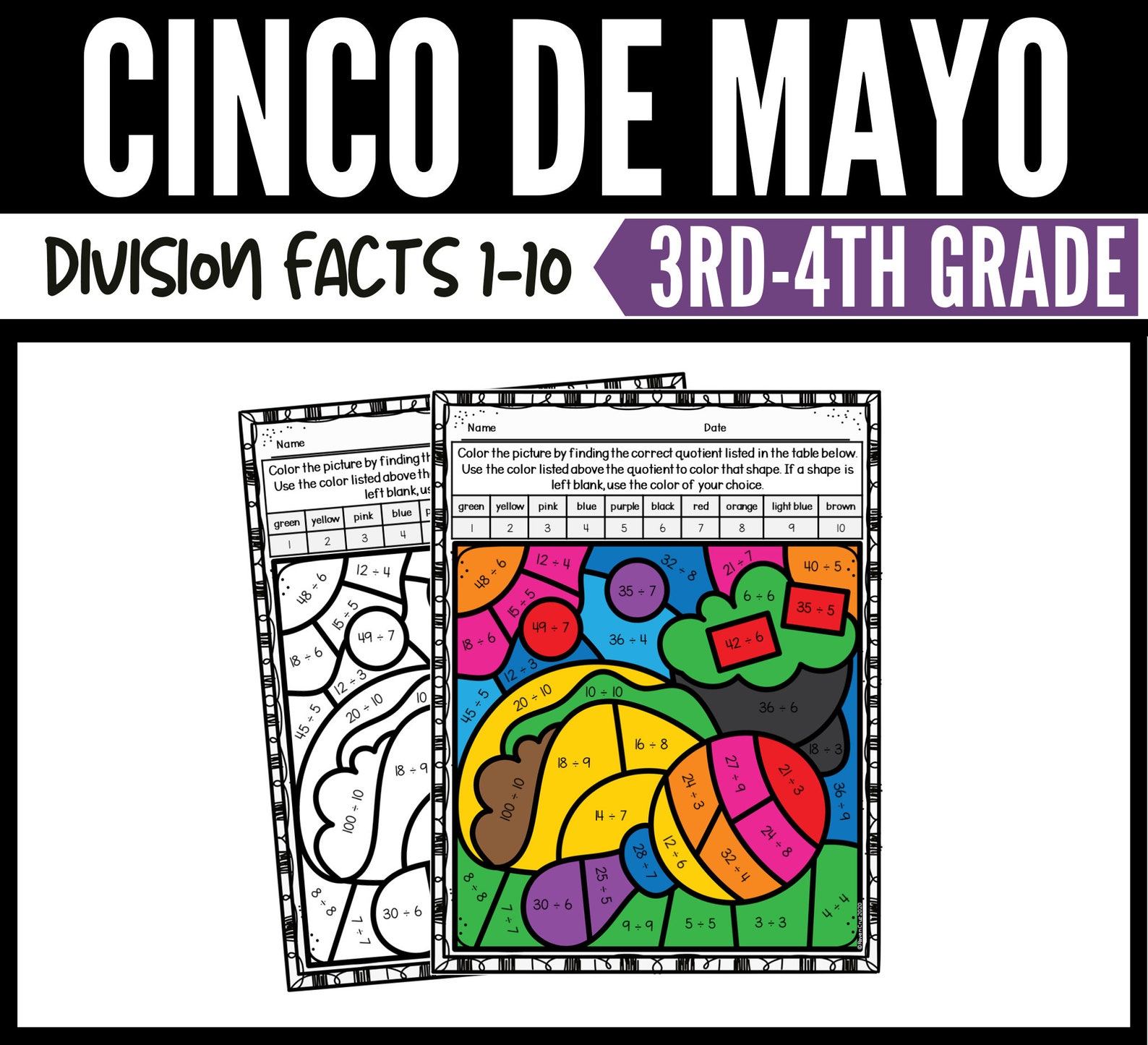Cinco De Mayo Division Color by Number Worksheets | 3rd Grade Division ...