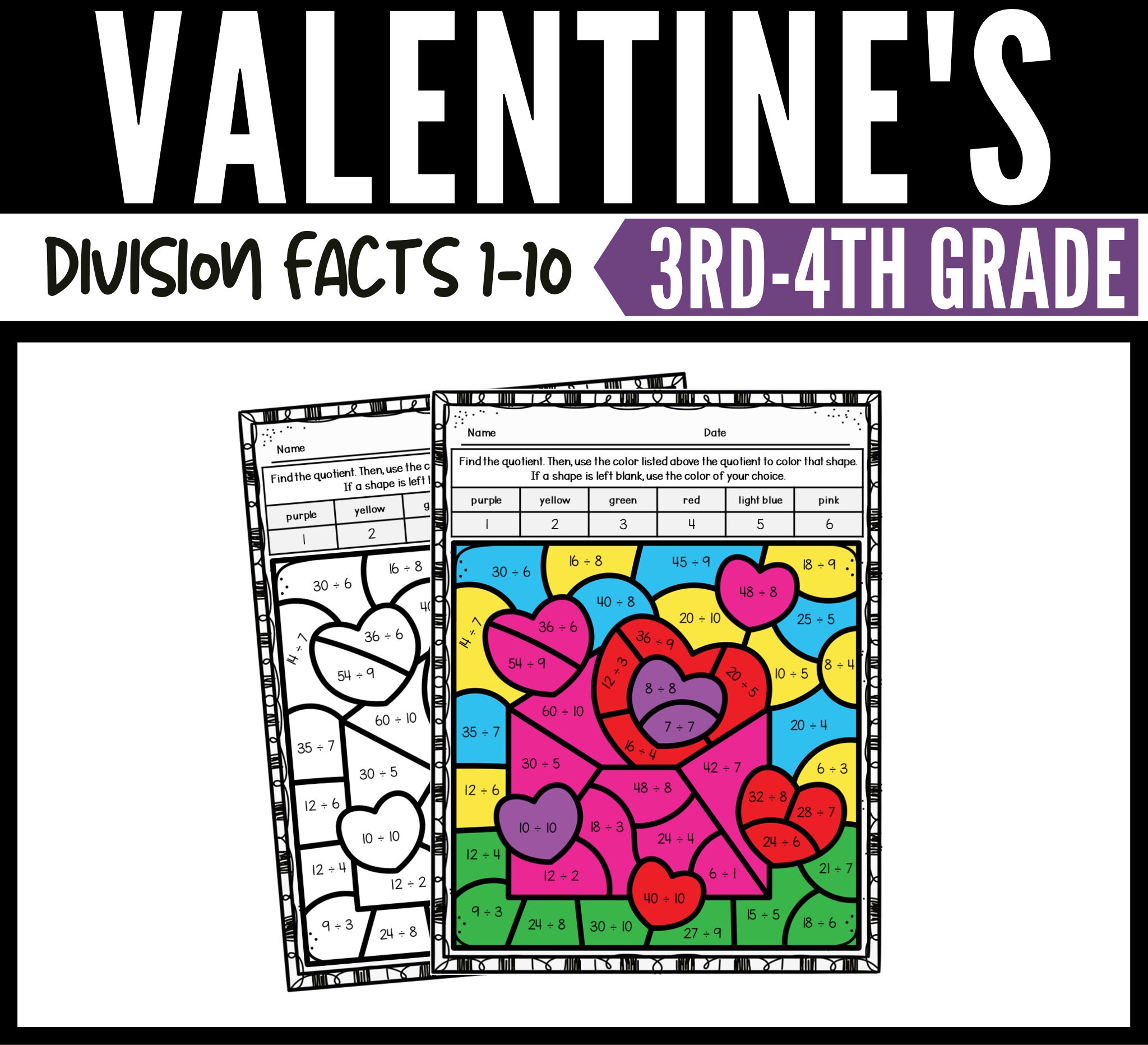 Valentine's Day Color by Number Division Worksheets for 3rd Grade and ...