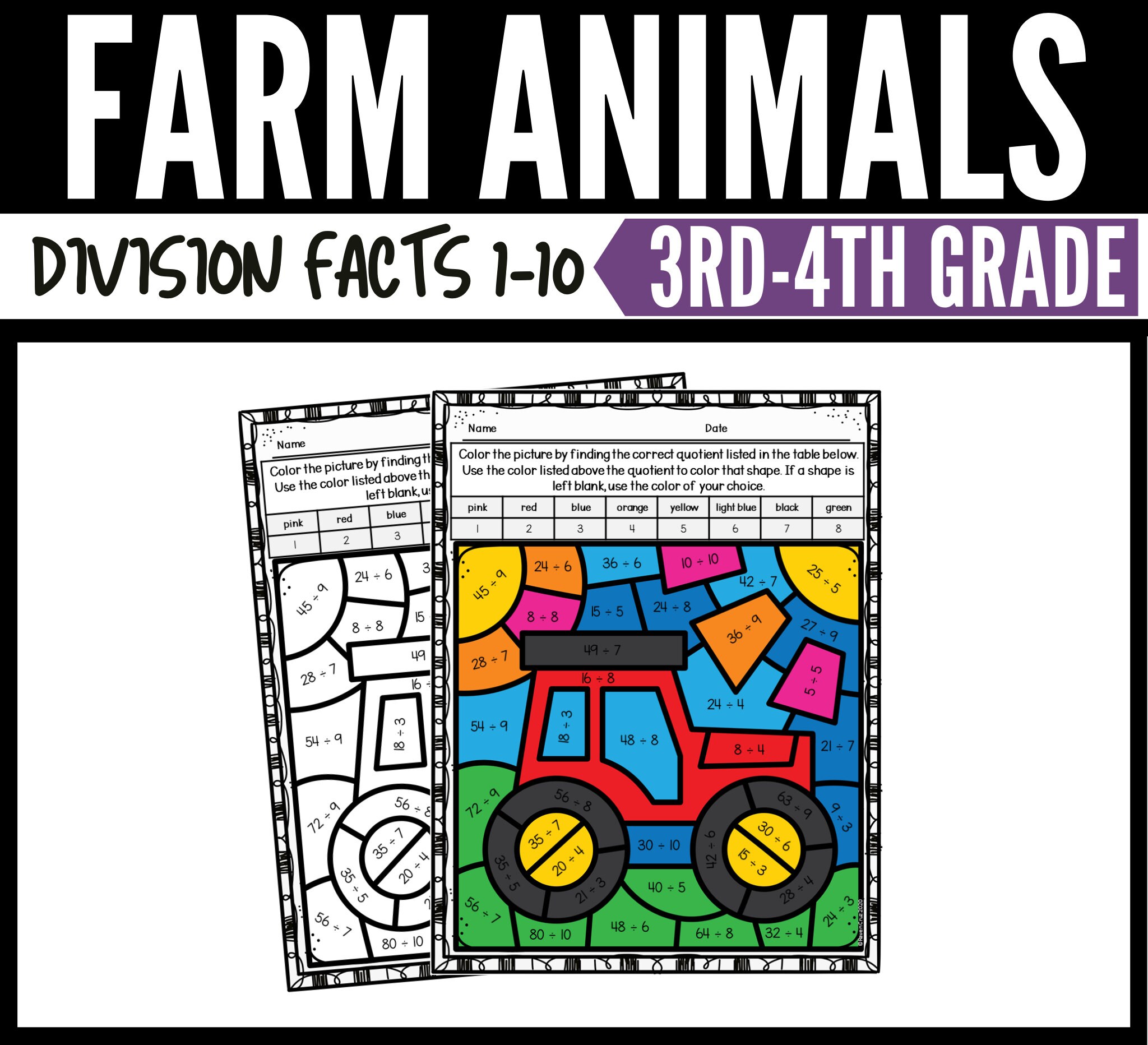 Farm Animals Division Color by Number Worksheets | 3rd Grade Math ...