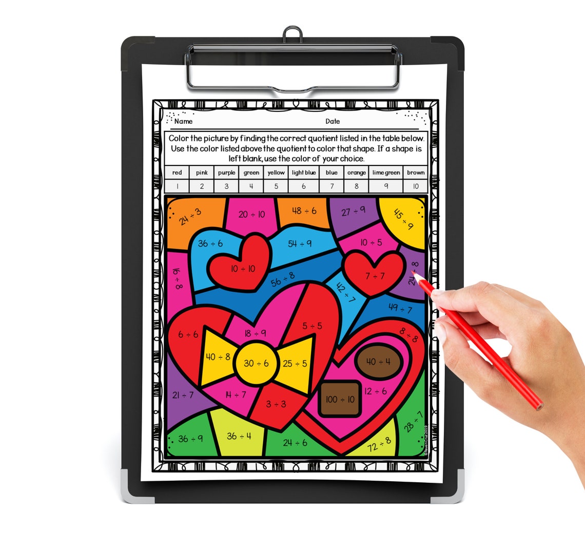 Valentine's Day Color by Number Division Worksheets for 3rd Grade and ...