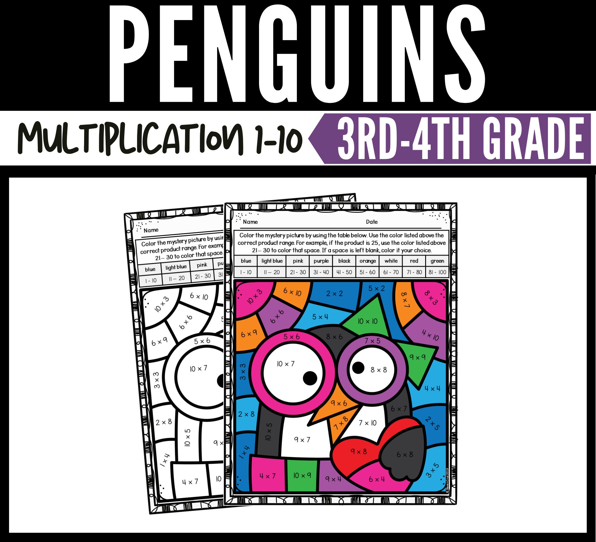 Penguin Multiplication Color by Number Worksheets for 3rd Grade and 4th ...