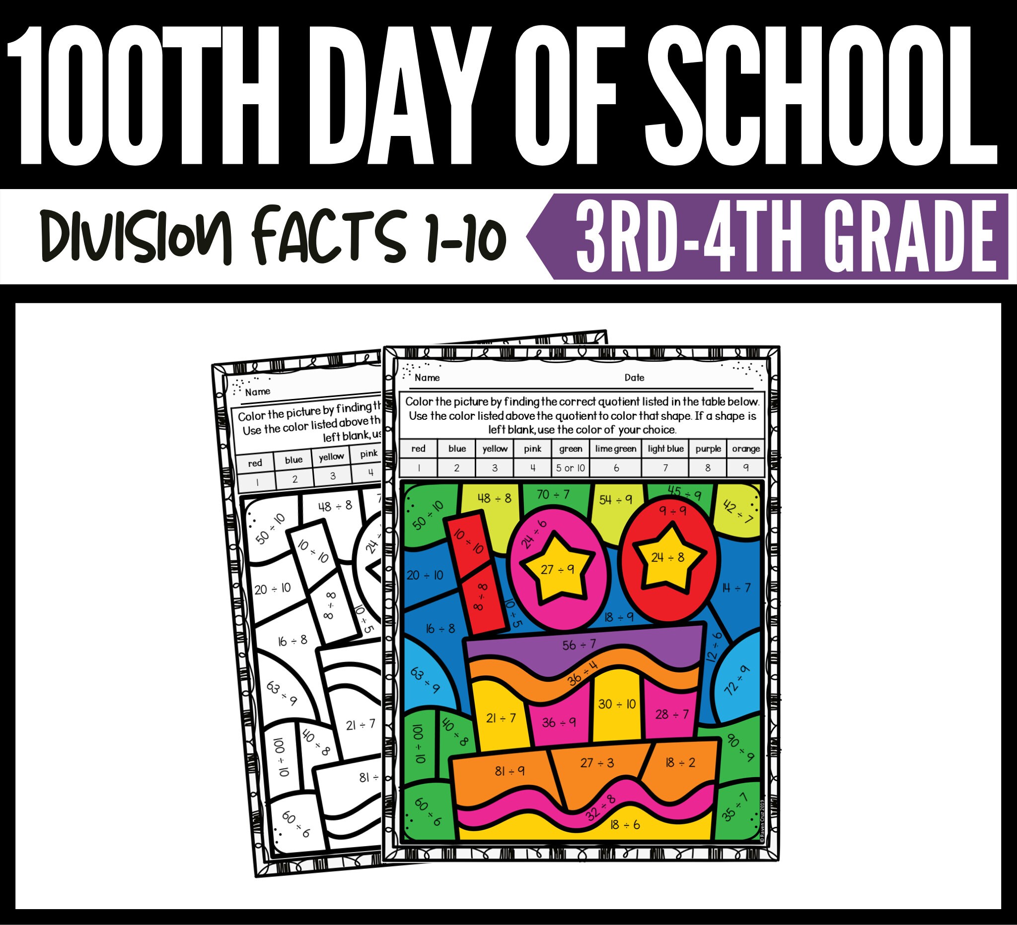 100 Days of School Division Color by Number Worksheets for 3rd Grade ...