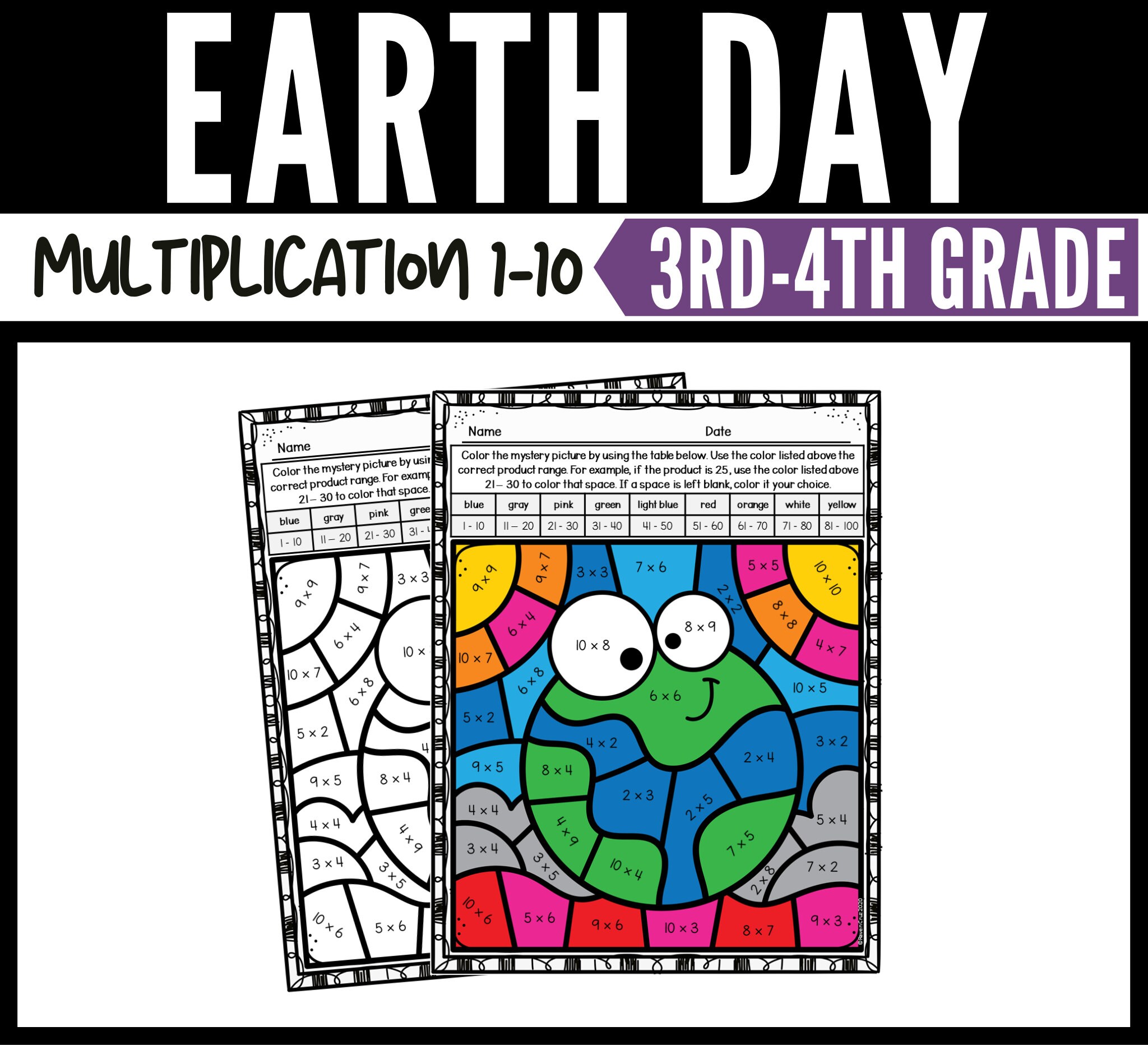 Earth Day Multiplication Color by Number Worksheets for 3rd Grade and ...