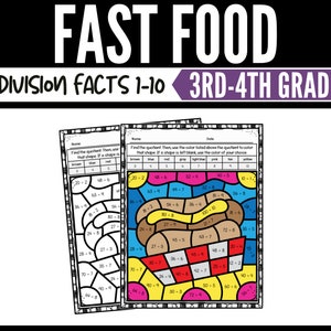 Fast Food Division Color by Number Worksheets | 3rd Grade Division ...