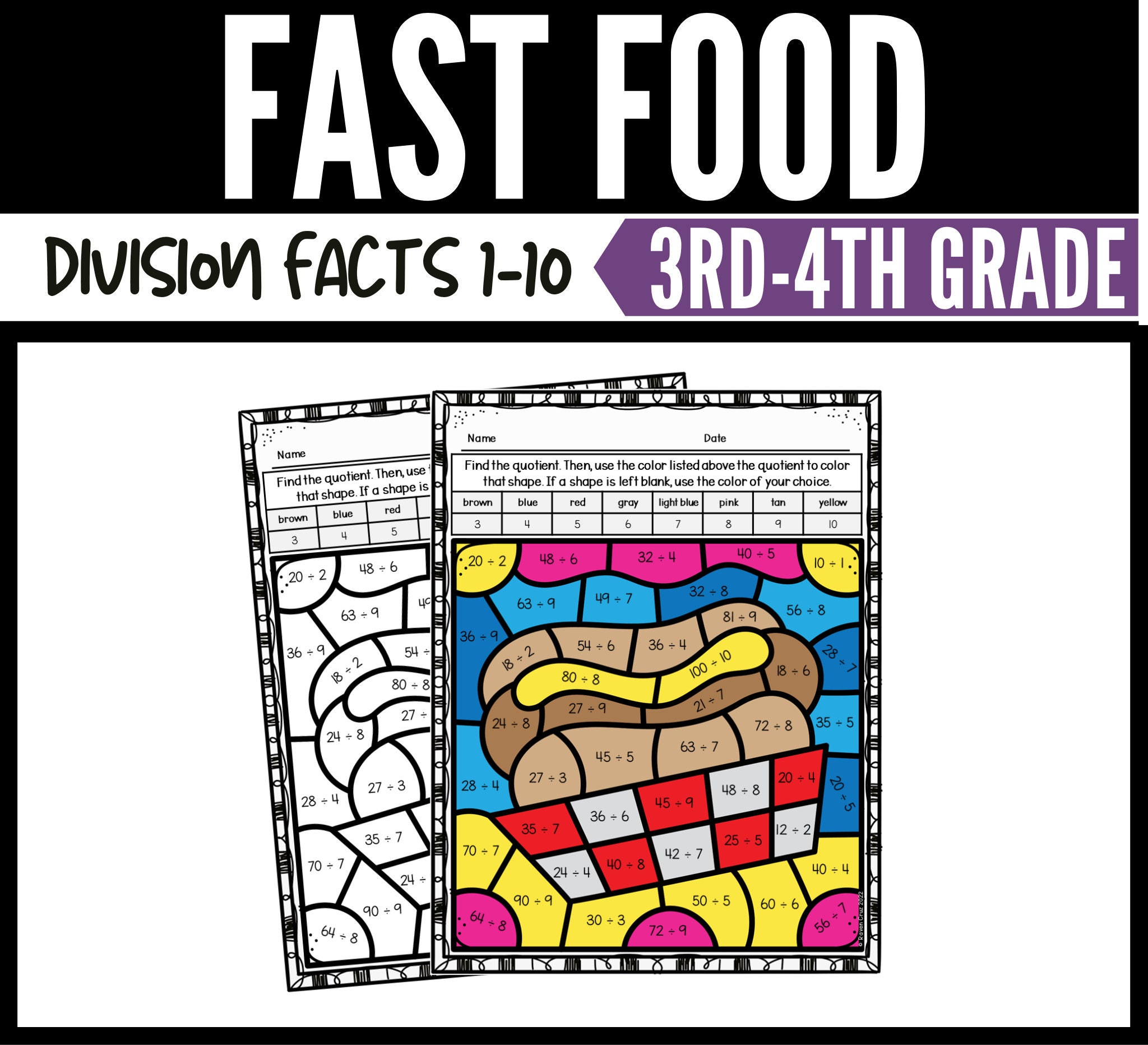 Fast Food Division Color by Number Worksheets | 3rd Grade Division ...