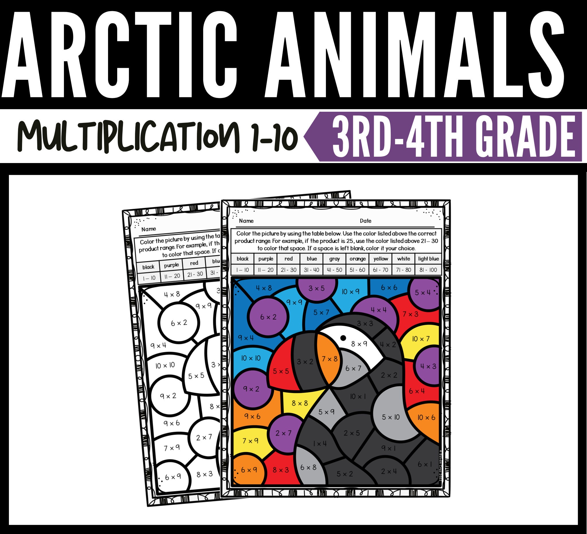 Arctic Animals Multiplication Color by Number Activity for 3rd-grade ...