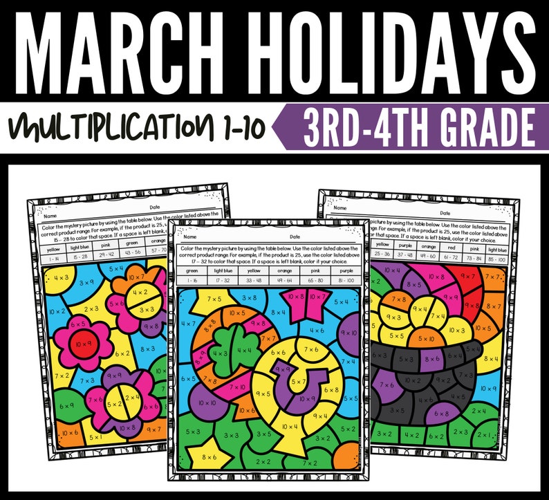 March Holiday Color by Number Multiplication Worksheets | St. Patrick's ...