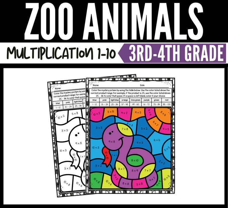 Zoo Animals Multiplication Color by Number Worksheets | 3rd Grade ...
