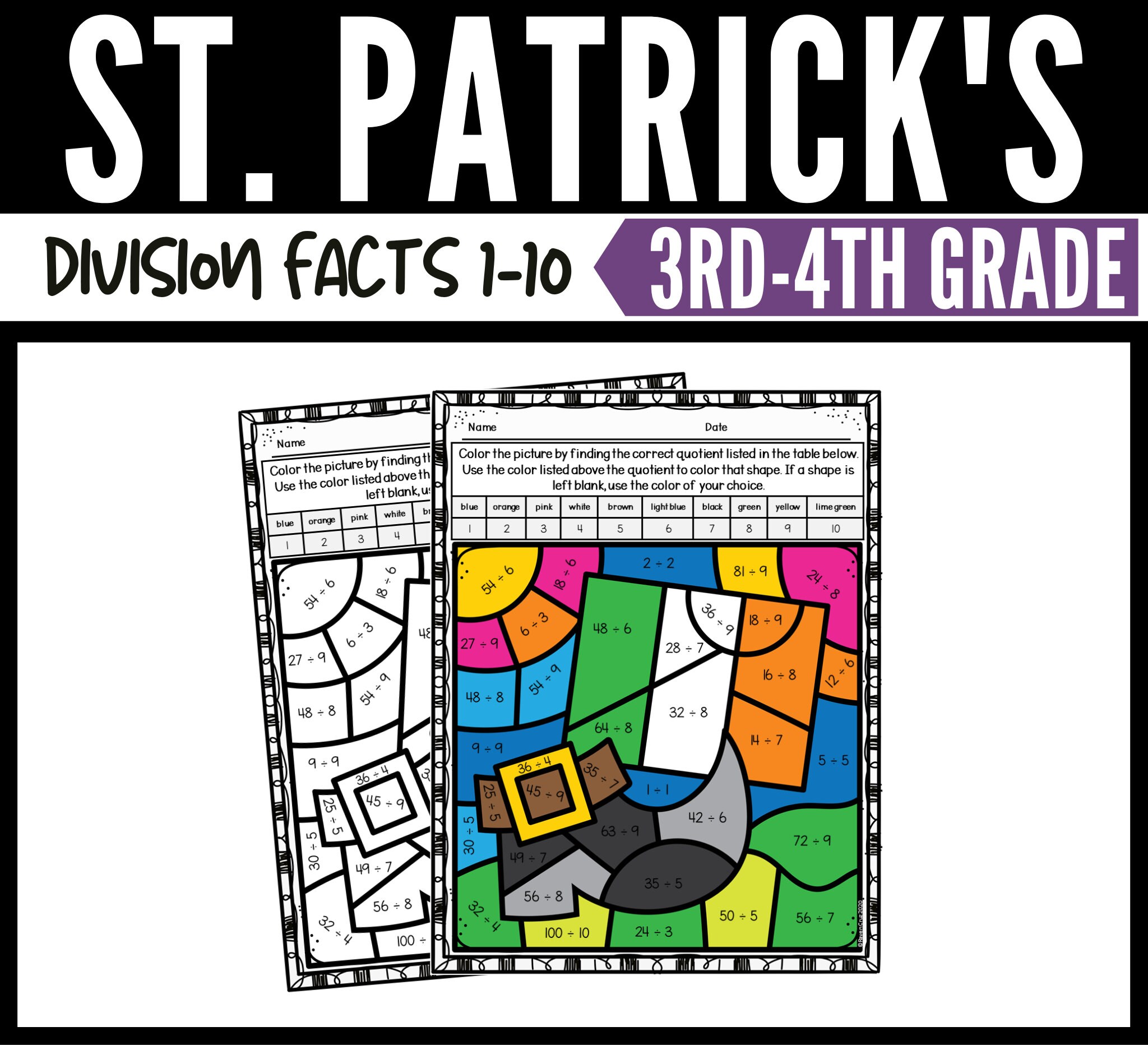 St Patrick's Day Color by Number Leprechaun Pot of Gold Division ...