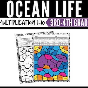 Sea and Ocean Animal Color by Number Multiplication Worksheets | - Etsy