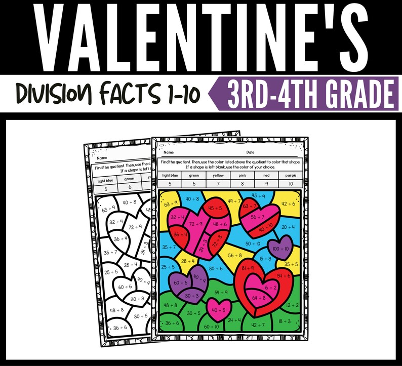 Valentine's Day Color by Number Division Worksheets for 3rd Grade and ...