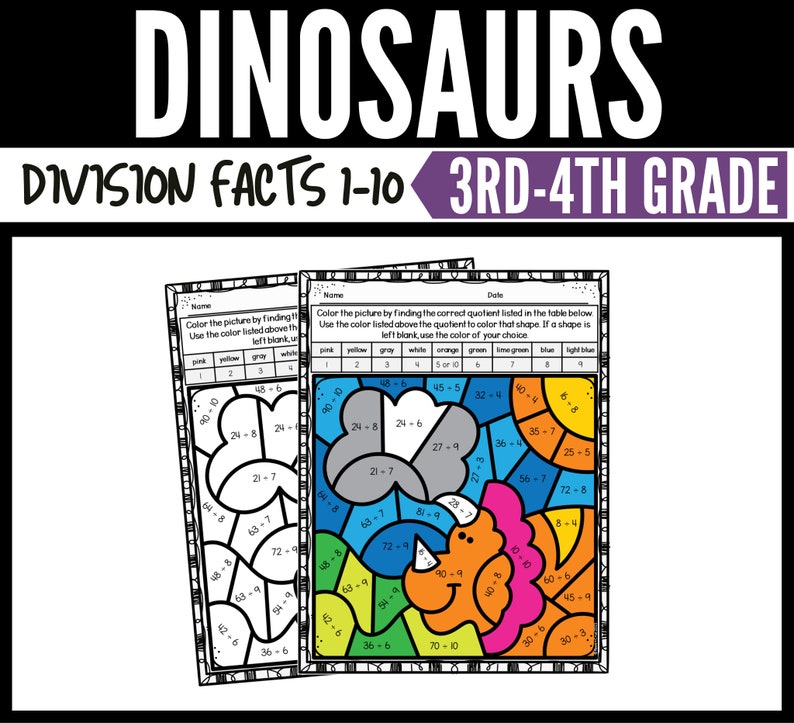 Dinosaur Division Color by Number Worksheets 3rd Grade Multiplication ...