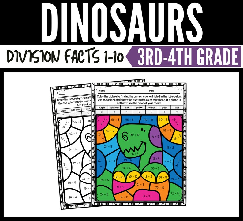 Dinosaur Division Color by Number Worksheets | 3rd Grade Multiplication ...