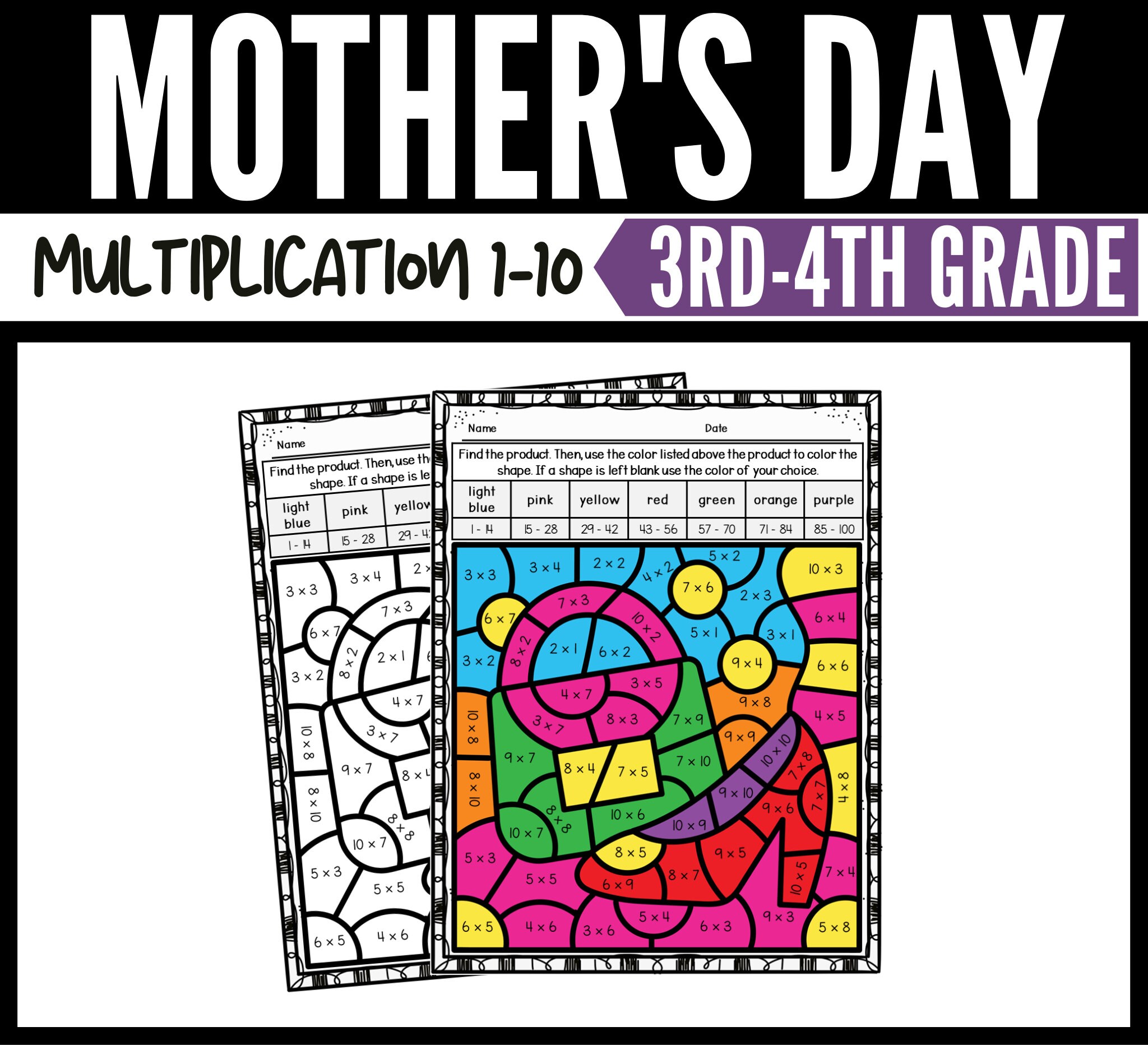 Mother's Day Multiplication Color by Number Worksheet, 3rd Grade Math ...