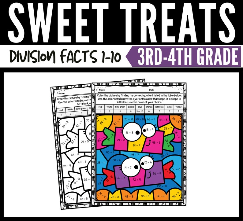 Sweet Treats Division Color by Number Worksheets 3rd Grade and 4th ...