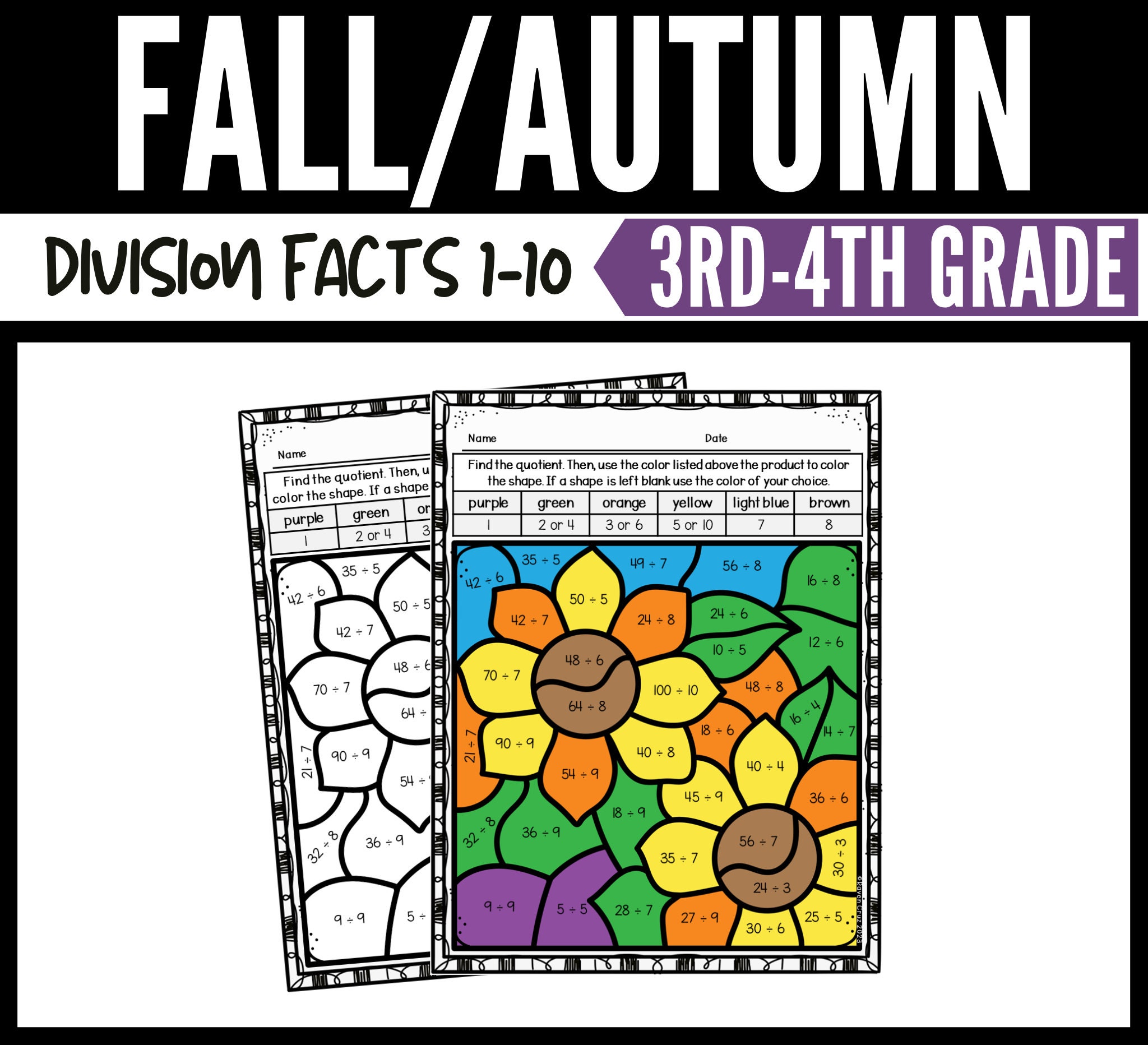 Fall Division Color by Number Worksheets for 3rd Grade and 4th Grade ...