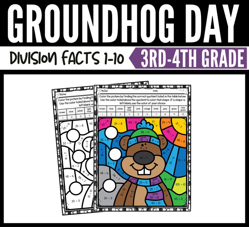 Groundhog Day Division Color by Number Worksheets for 3rd Grade Math ...
