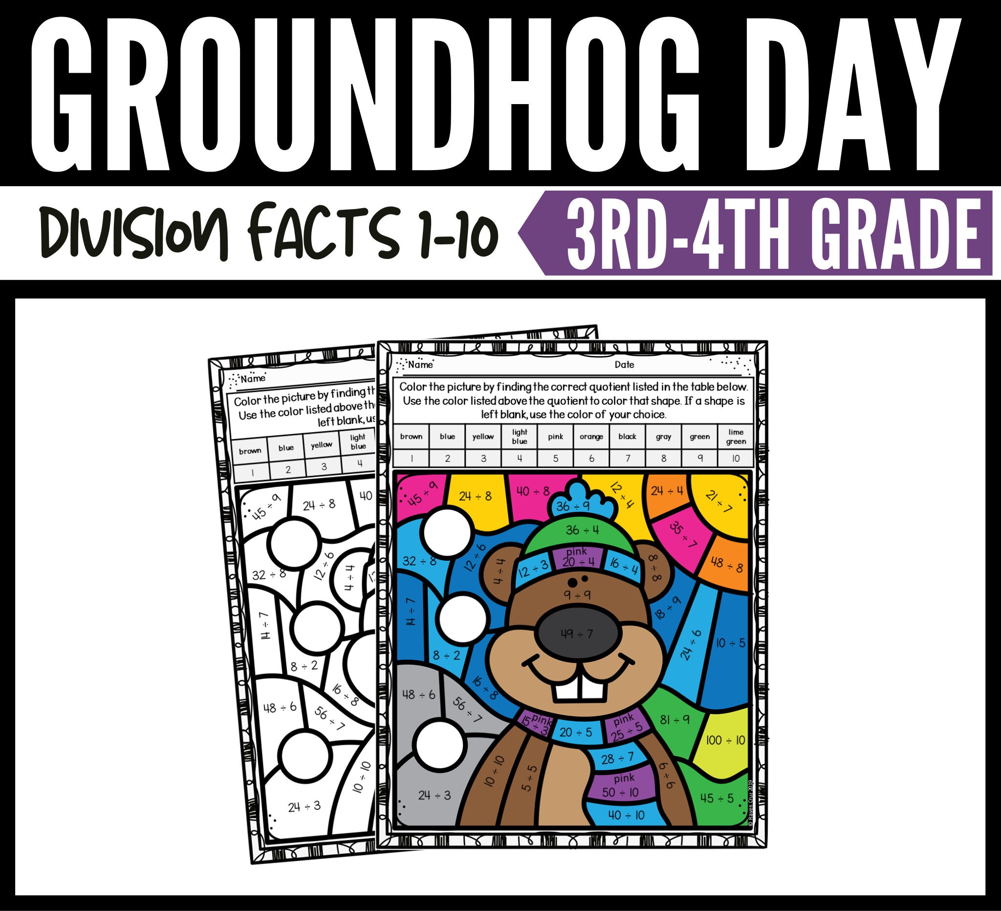 Groundhog Day Division Color by Number Worksheets for 3rd Grade Math ...