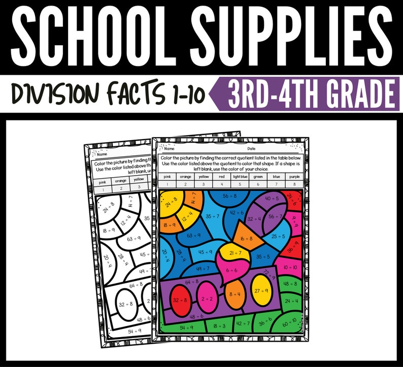 Back to School Supplies Division Color by Number Worksheets for 3rd ...