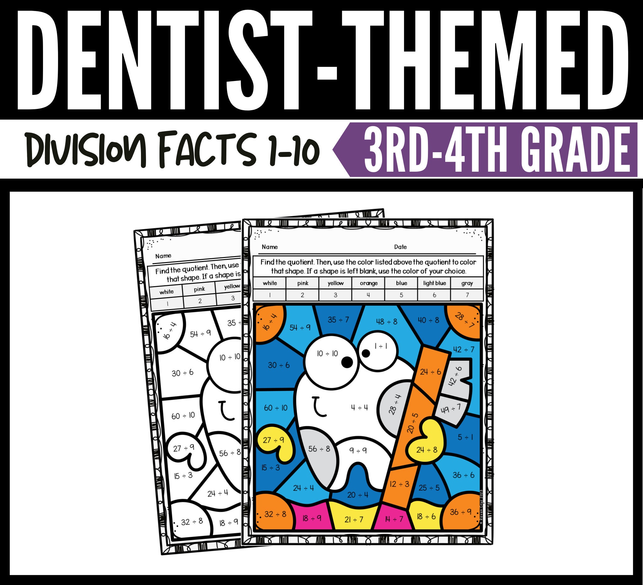 Dentist and Tooth Fairy Themed Division Color by Number Worksheets for ...